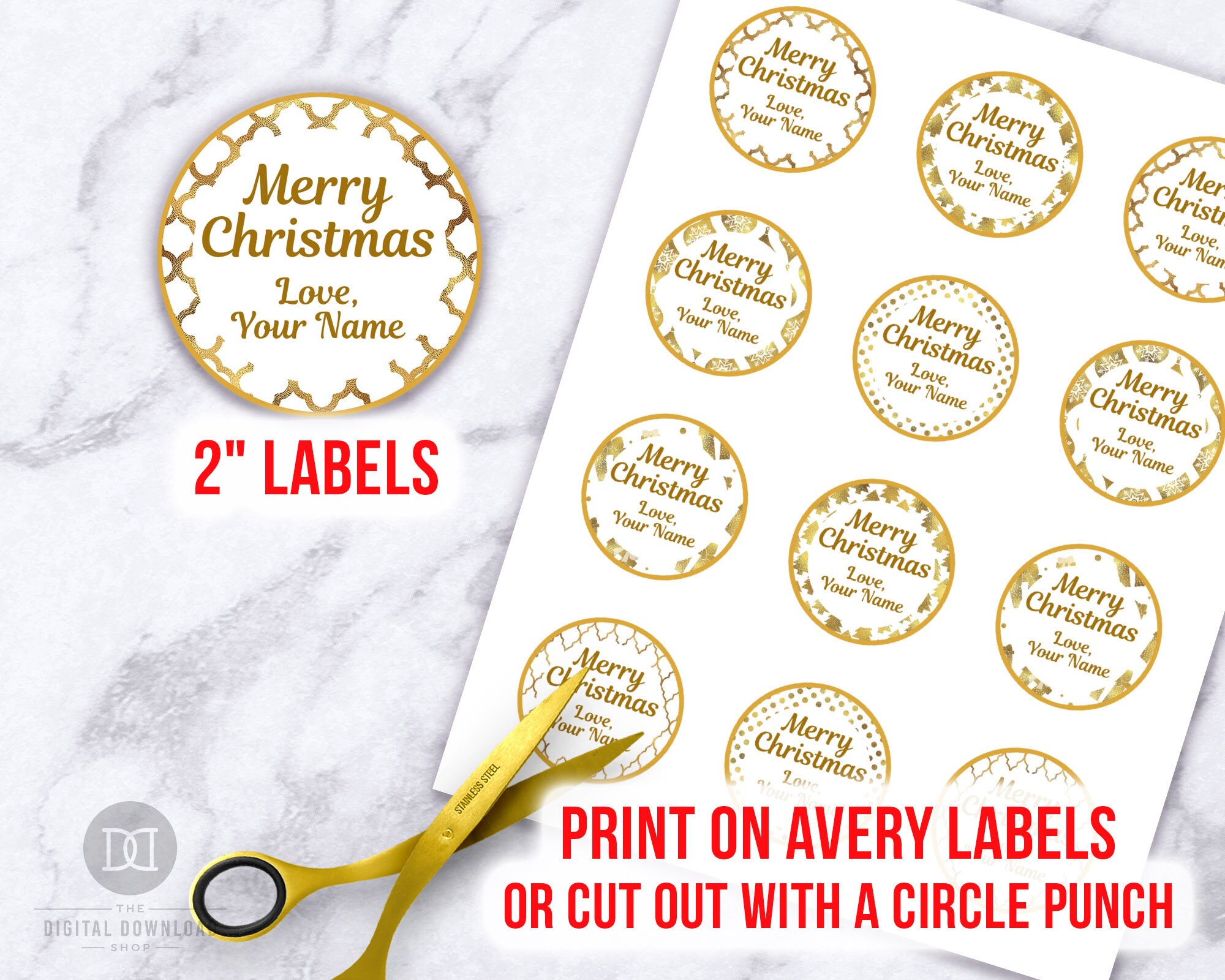 Gold and White Christmas Round Labels Template Editable | Etsy