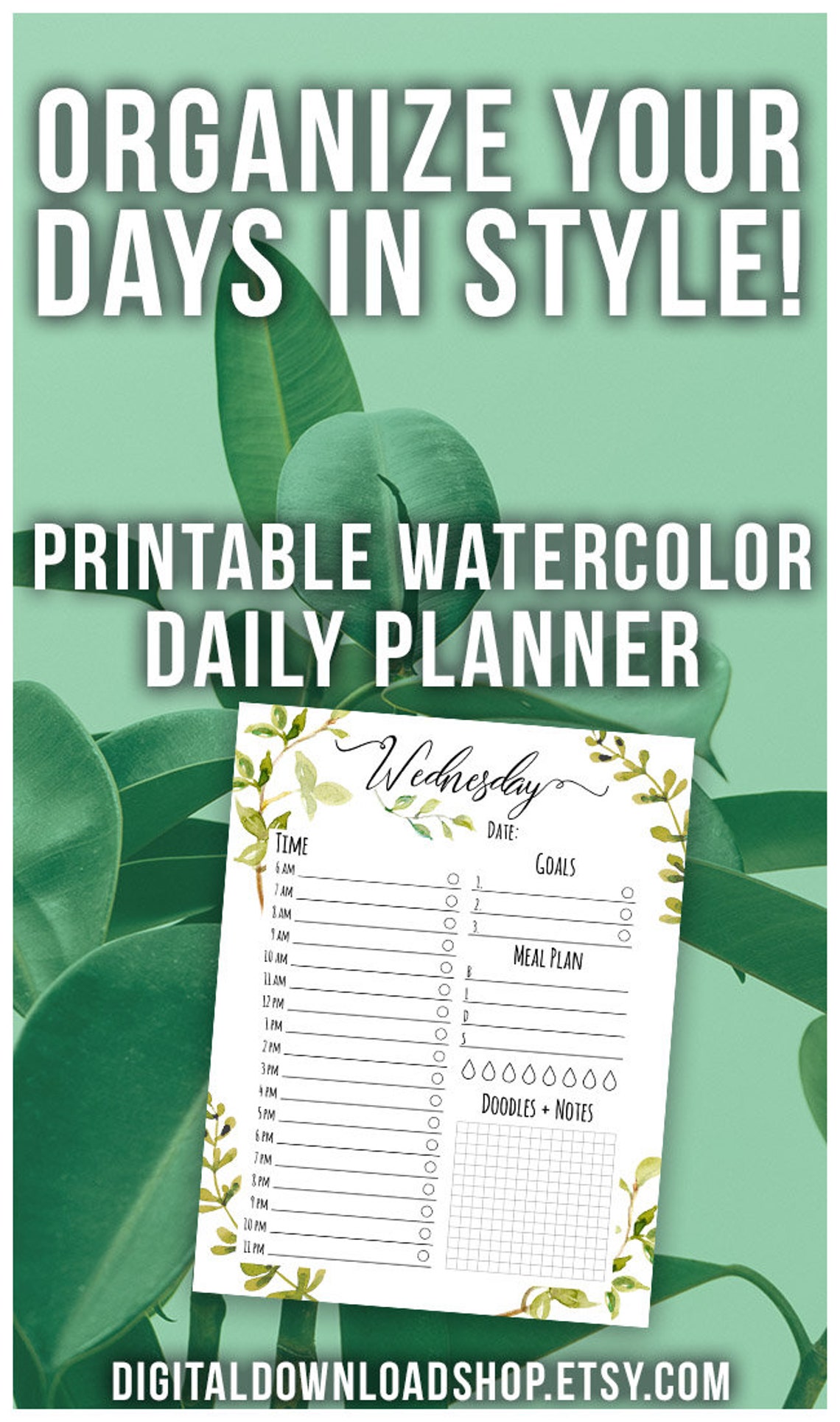 Daily Planner Printable- Watercolor Greenery, Undated Daily Planner ...