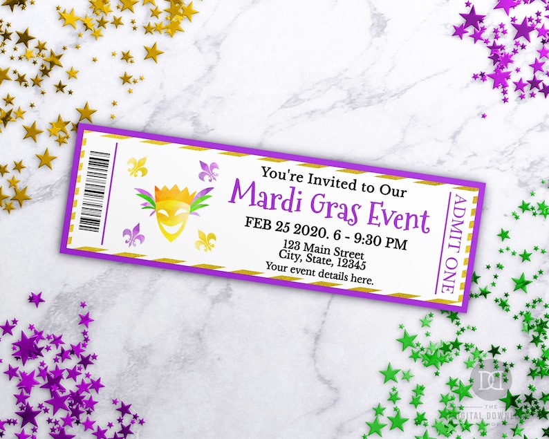 Mardi Gras Event Ticket Editable Template Printable Mardi | Etsy