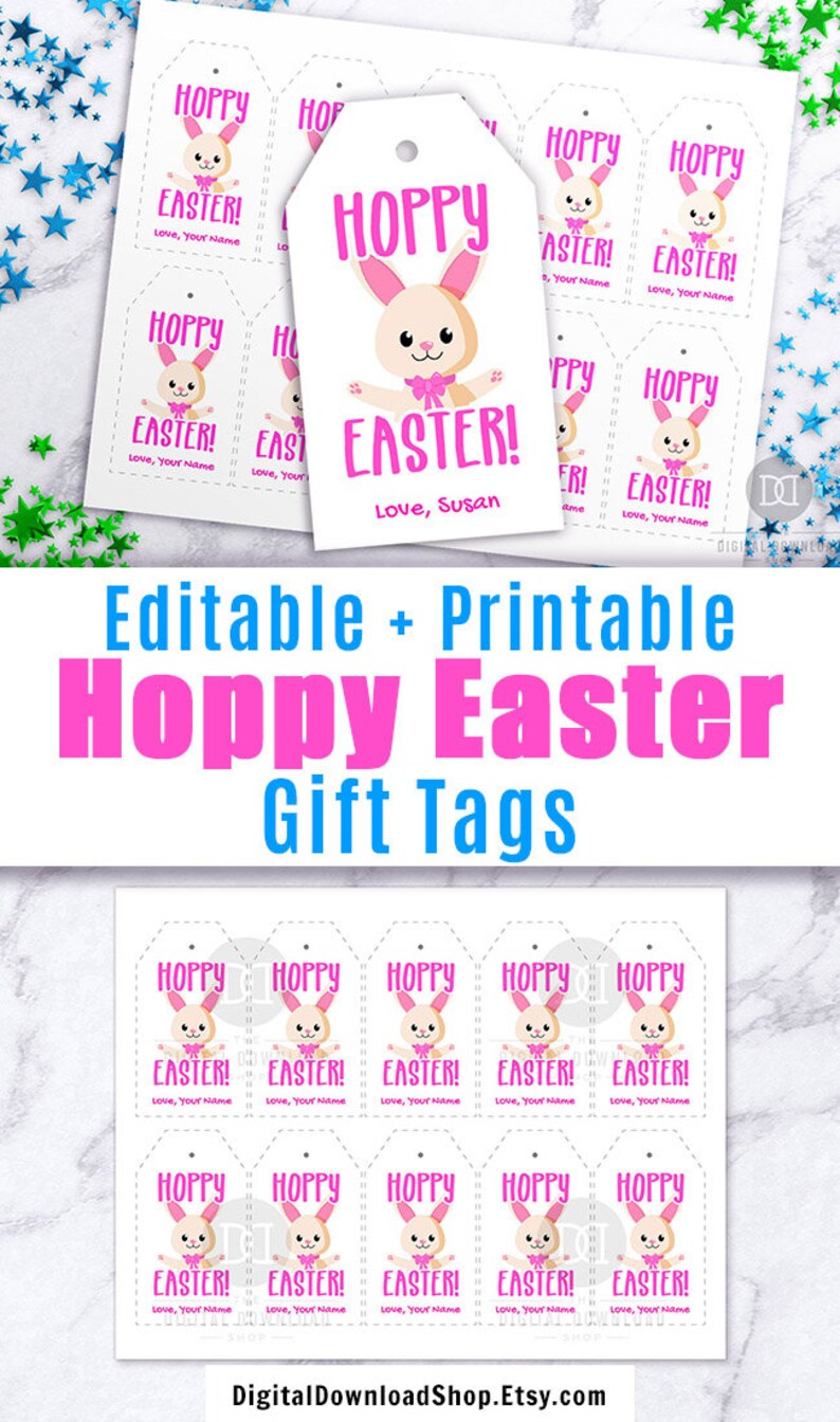 Hoppy Easter Tags Printable, Easter Tags Editable, Easter Bunny Tag ...
