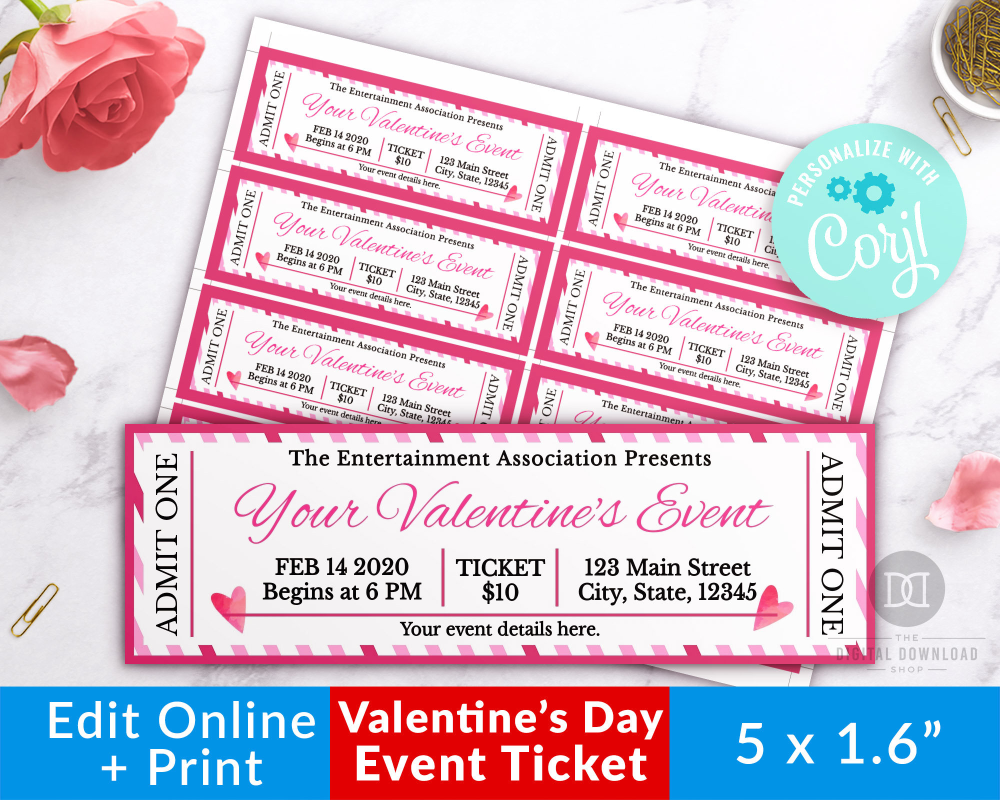 Valentine's Day Event Ticket Template Printable Hearts - Etsy