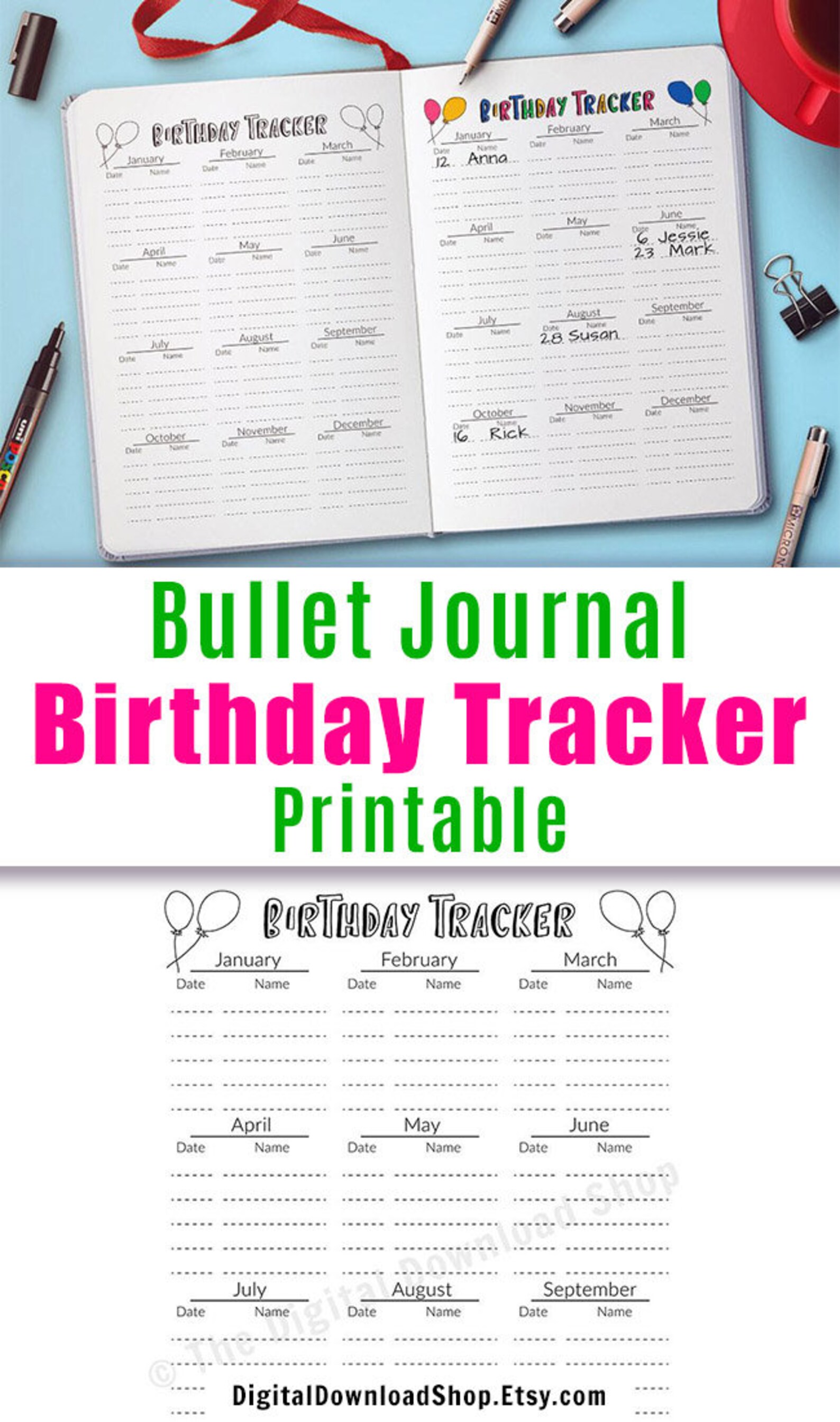 Bujo Journal Birthday Tracker Printable Bujo Birthday Log - Etsy