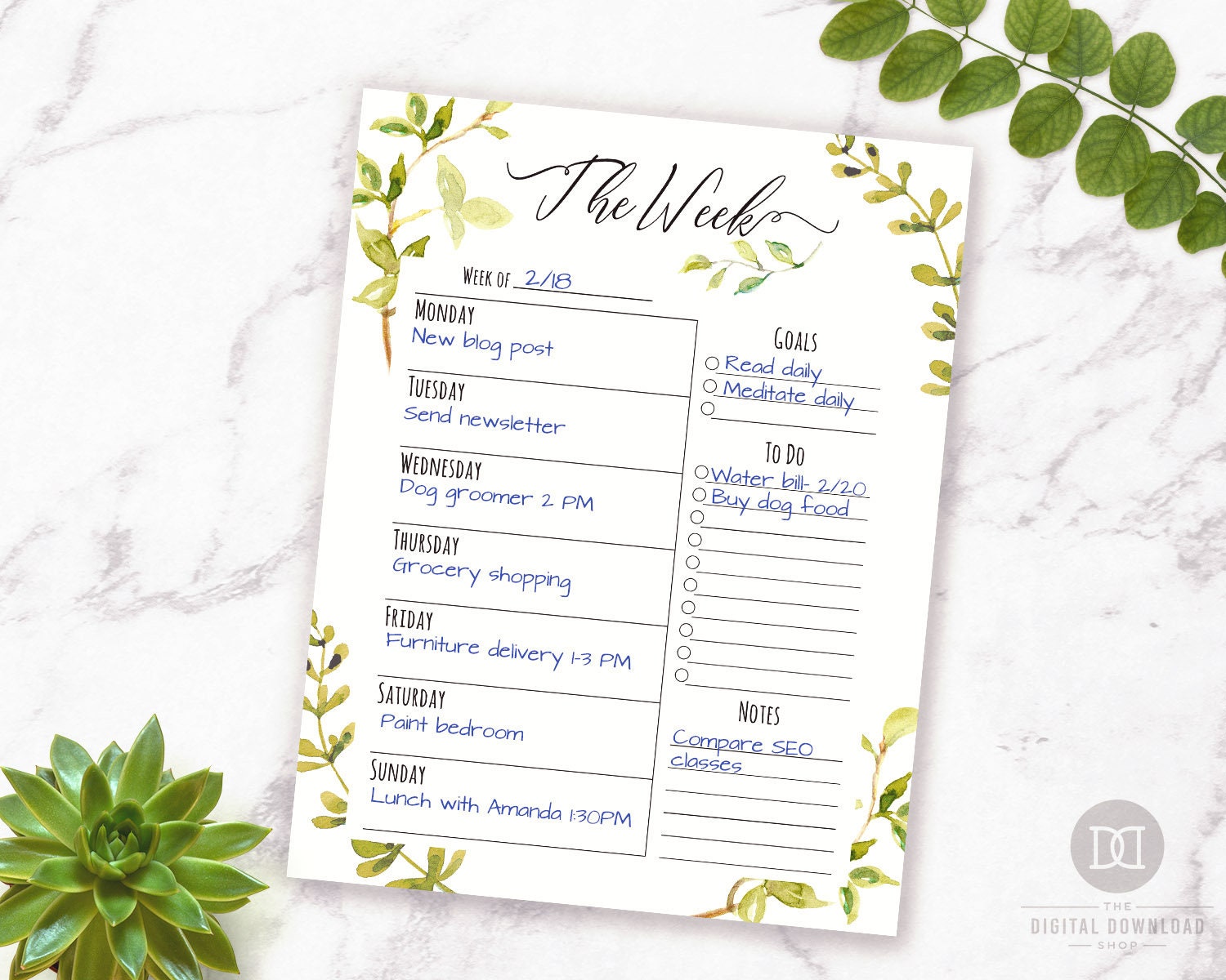 Weekly Planner Printable Watercolor Greenery Weekly - Etsy