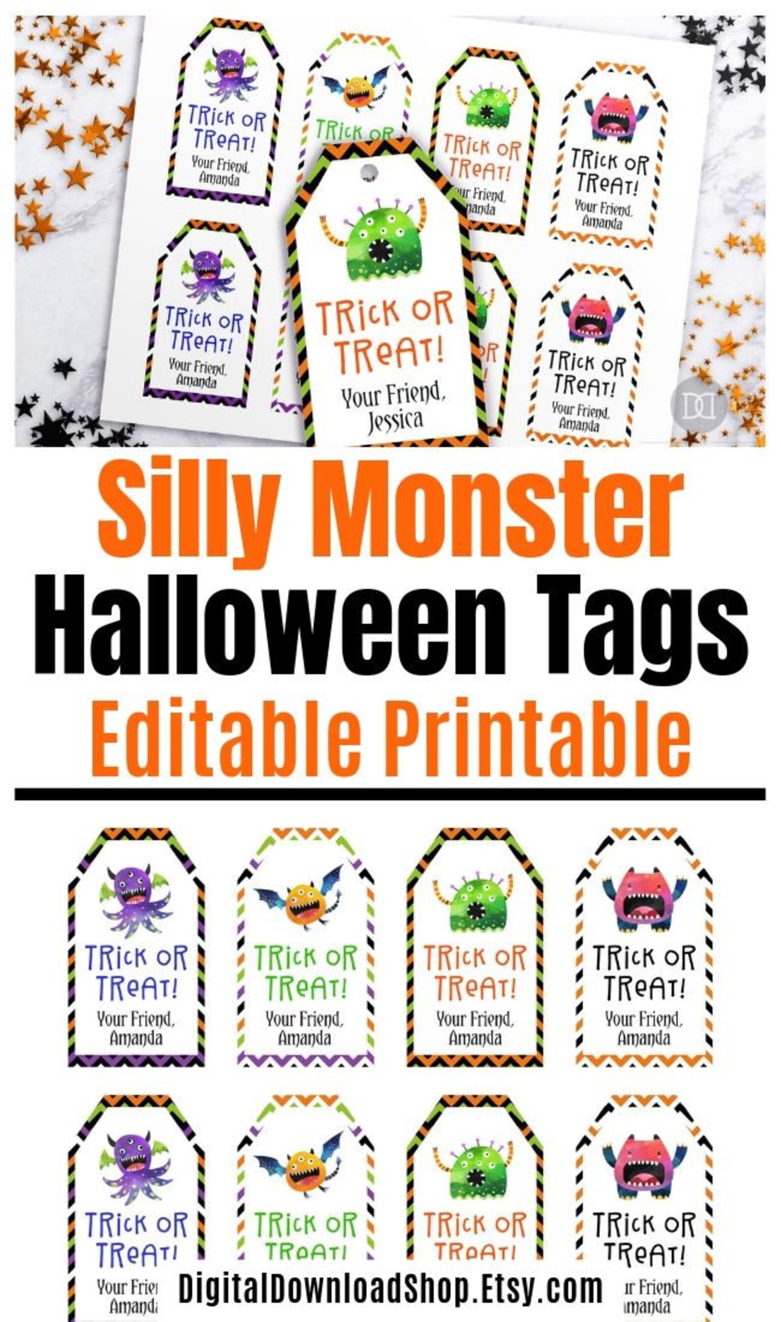Halloween Tags Printable Monster Halloween Tags Editable - Etsy