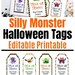 Halloween Tags Printable, Monster Halloween Tags Editable, Trick or ...