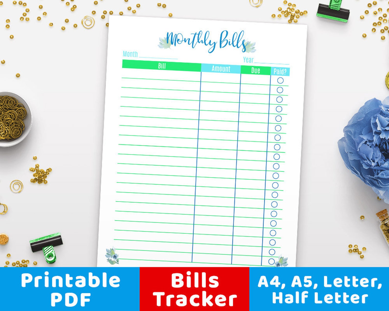 Monthly Bill Tracker Printable- Floral, Bill Payment Tracker, Bill ...