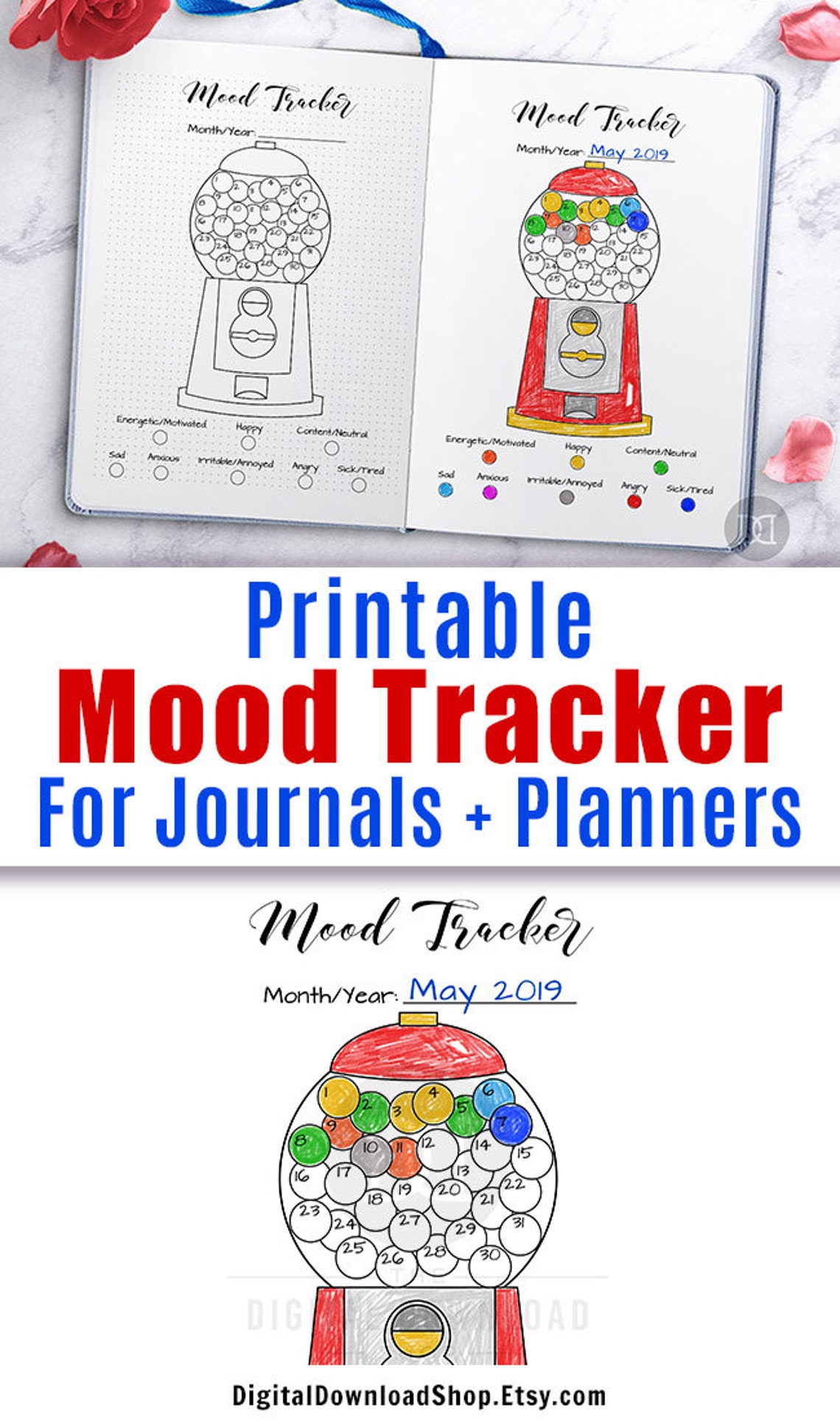 Mood Tracker Printable- Gumball Machine, Bujo Journal Printable, Monthly Mood Chart, Anxiety ...