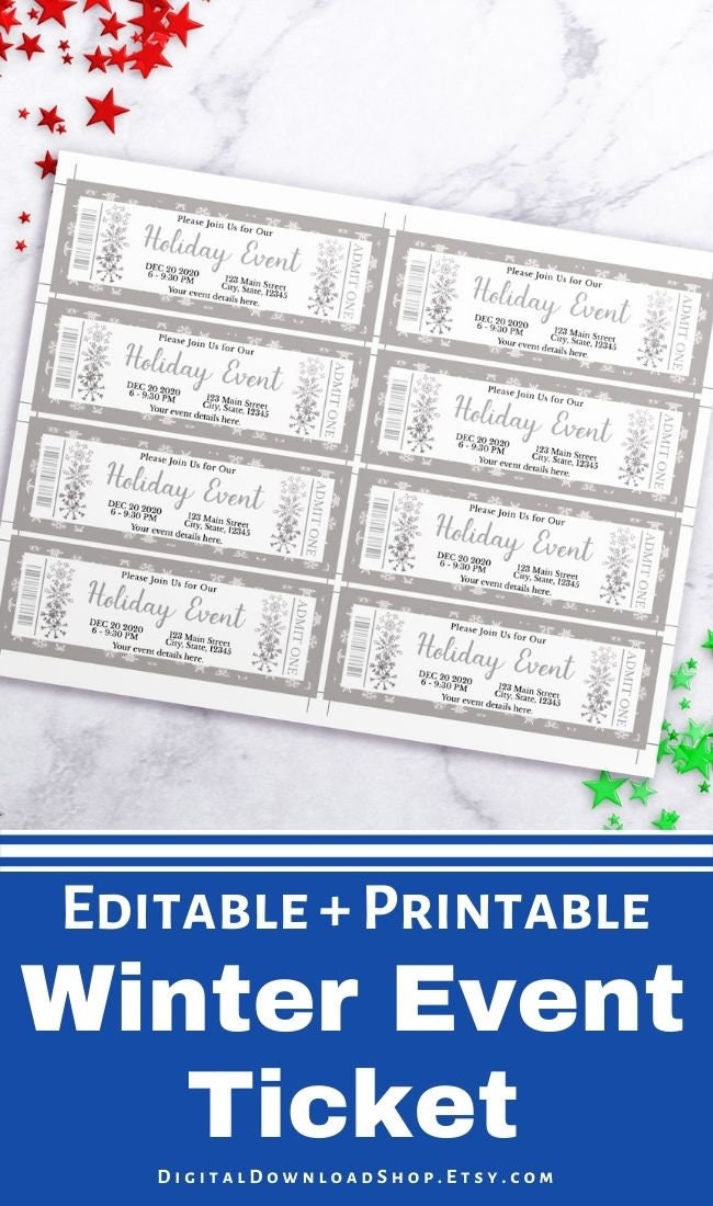 Silver Snowflake Event Ticket Printable, Editable Ticket Template ...