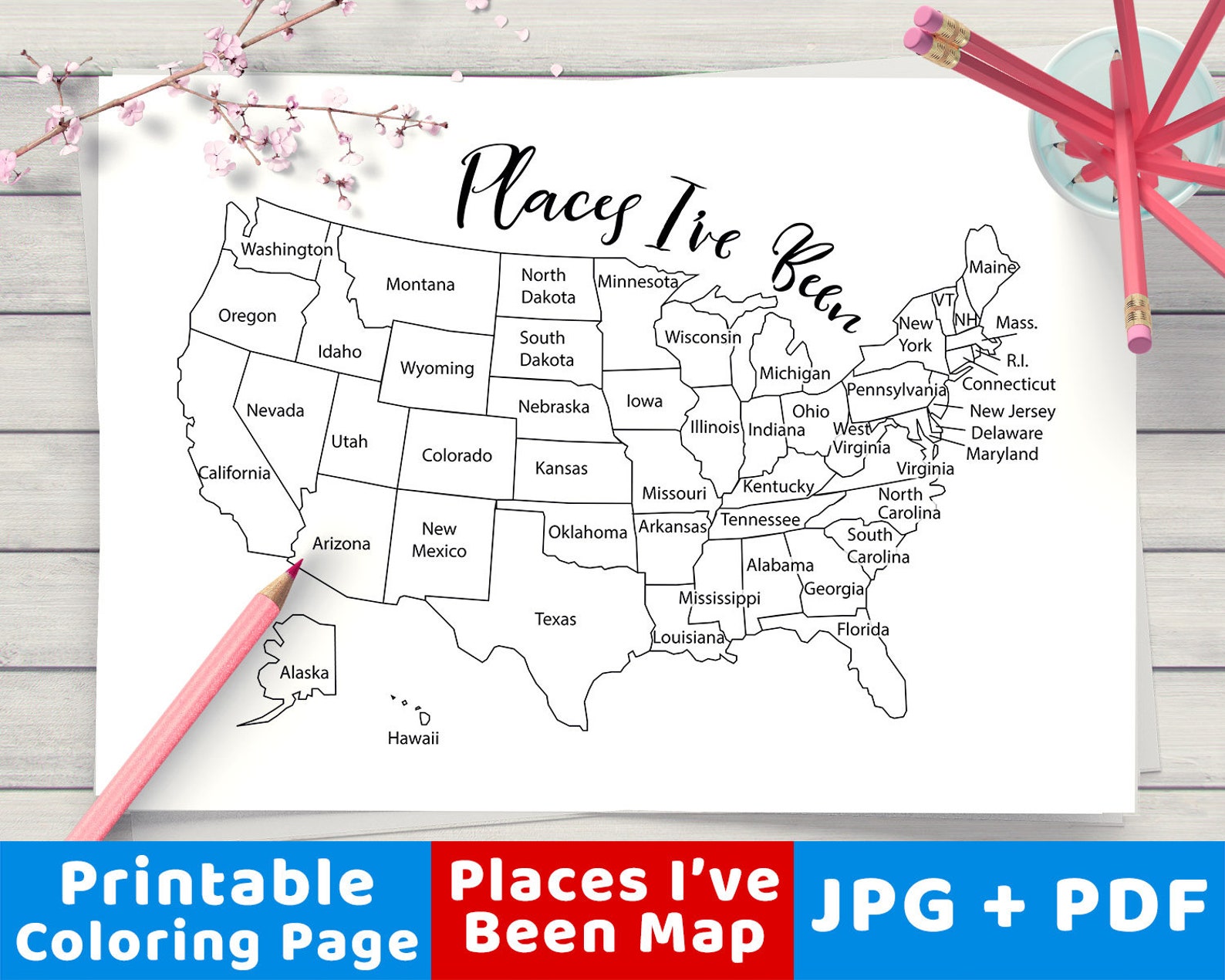 Places I've Been Map Coloring Page Printable, USA Map Coloring ...