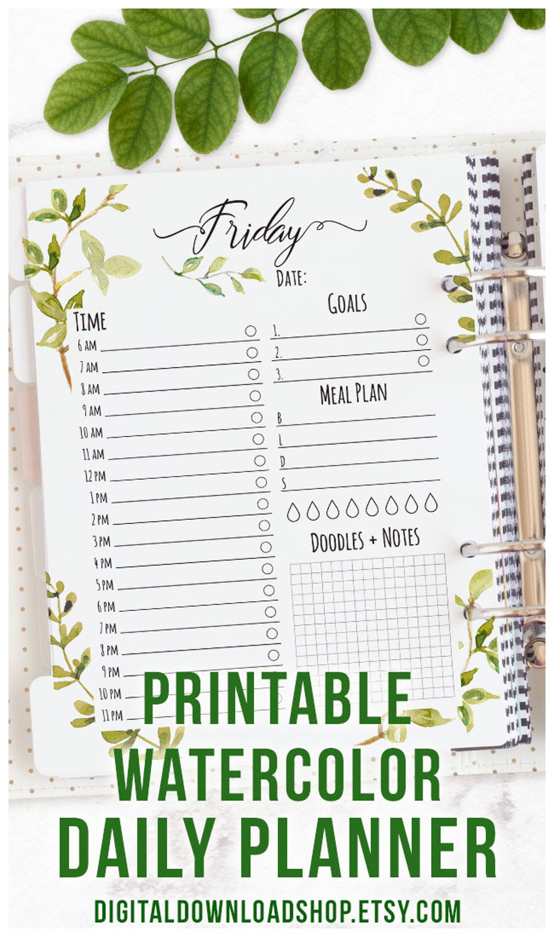 Daily Planner Printable- Watercolor Greenery, Undated Daily Planner ...