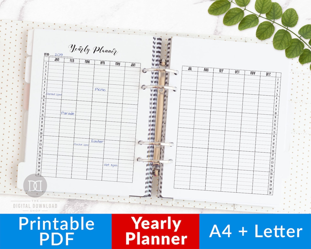 Yearly Planner Printable- Vertical, Year at a Glance Printable, Undated ...