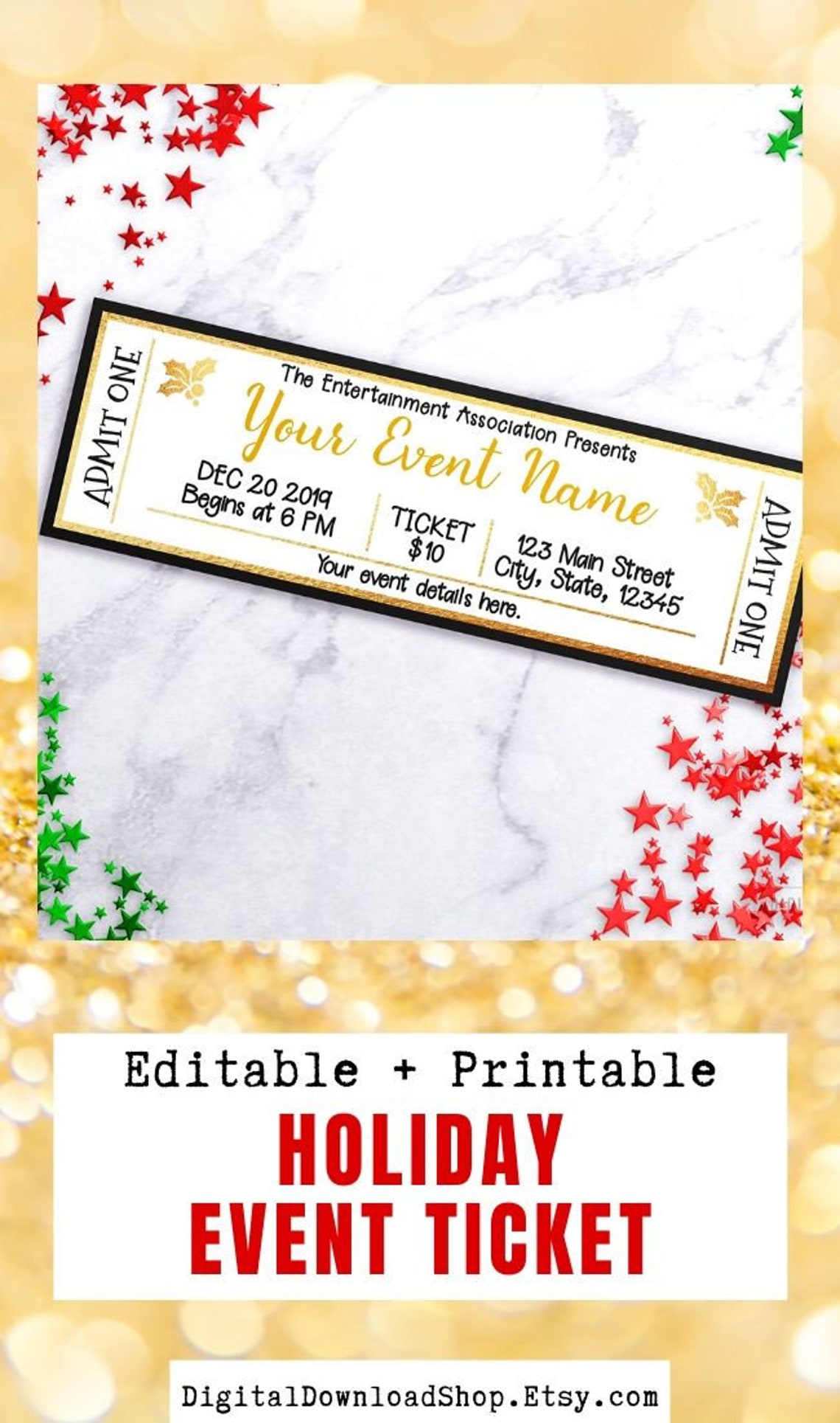 Gold Christmas Event Ticket Template Elegant Editable Event | Etsy