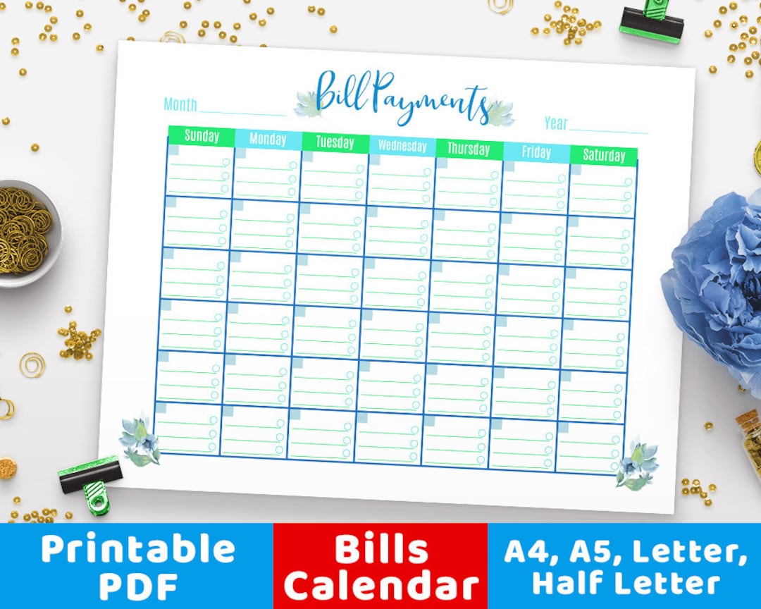Bill Payments Calendar Floral, Bills Tracker, Bill Calendar, Bill ...