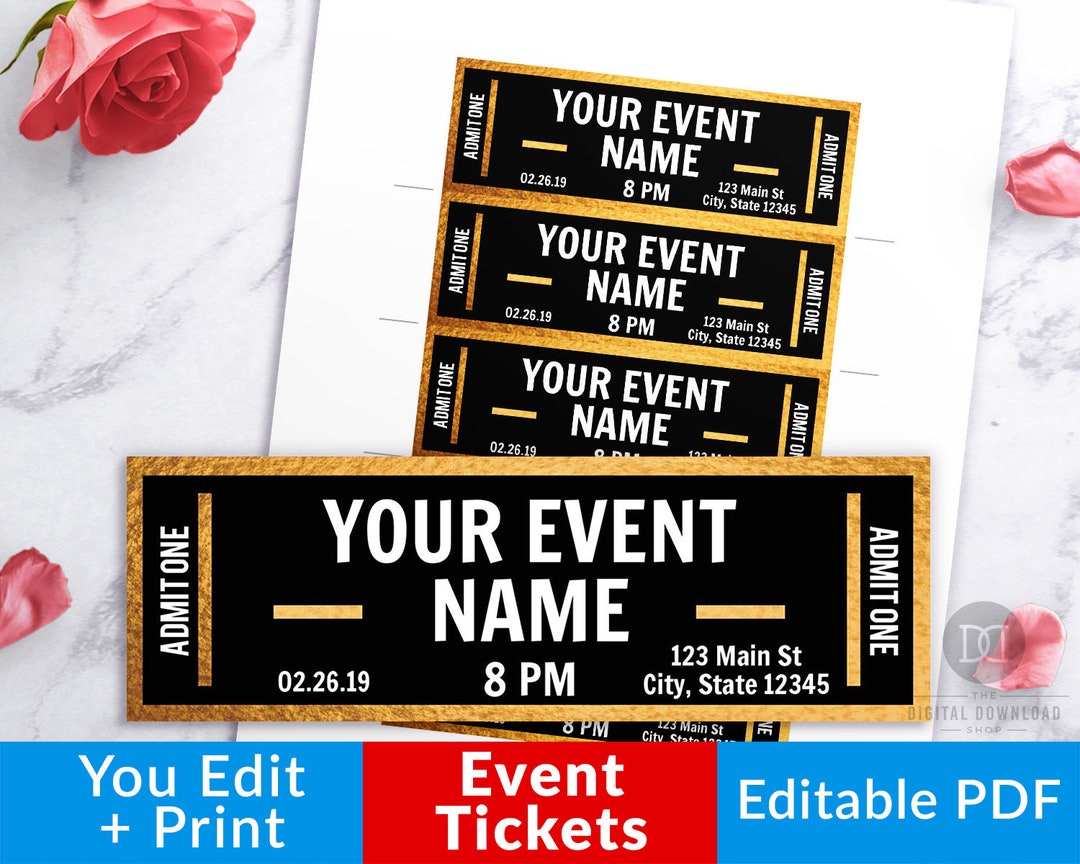 Gold Event Ticket Printables, Editable Event Tickets, Event Ticket ...
