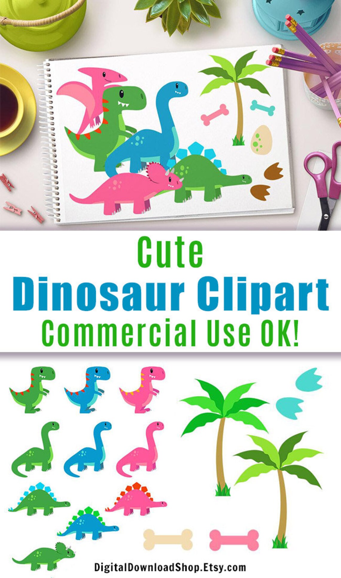 Cute Dinosaur Clipart, Dino Clipart, T-rex Clipart, Prehistoric Clipart ...