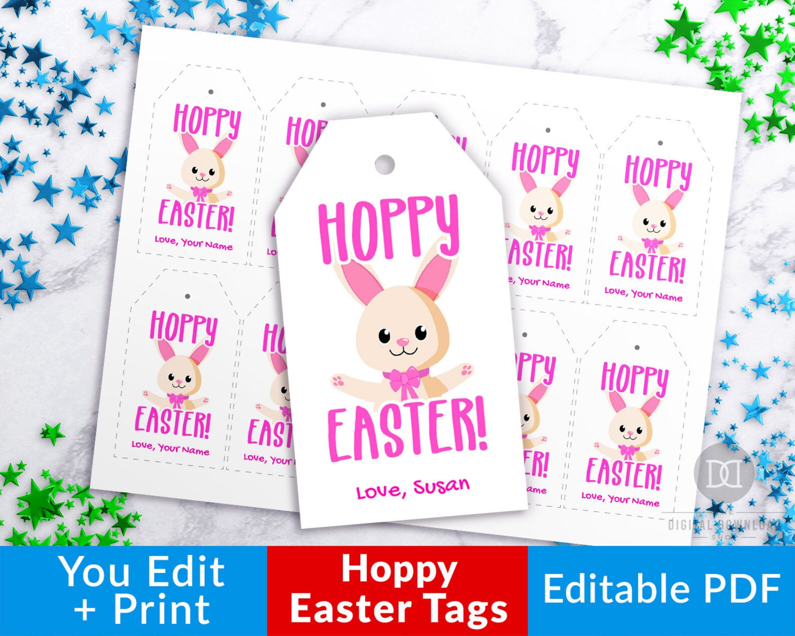 Hoppy Easter Tags Printable, Easter Tags Editable, Easter Bunny Tag ...
