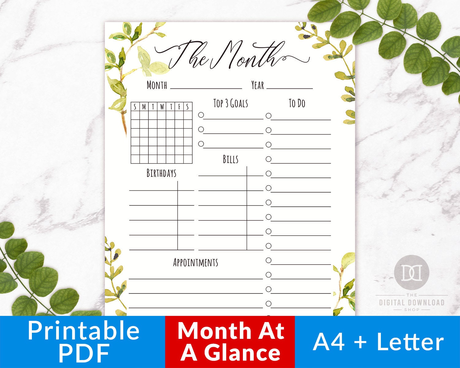 Month at a Glance Printable- Watercolor Greenery, Monthly Planner ...