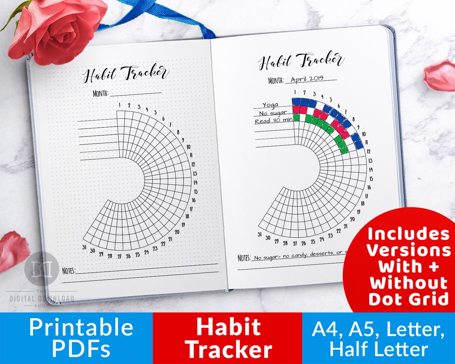 Bujo Journal Habit Tracker Printable- Half Circle, Radial Habit Tracker ...