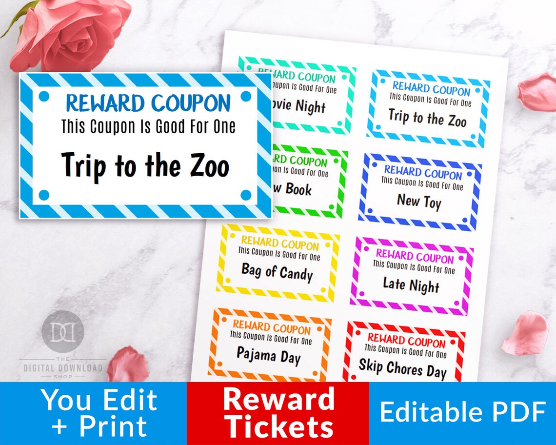 Kids Reward Tickets Printable, Editable Kids Reward Coupons, Children's ...