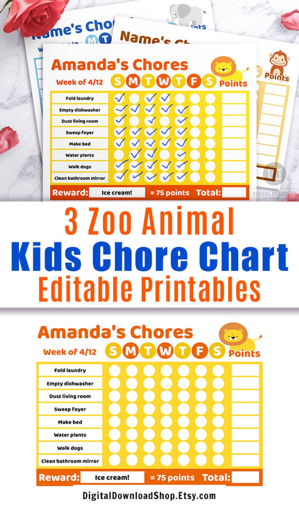 3 Kids Chore Chart Printables Zoo Animals Good Behavior - Etsy