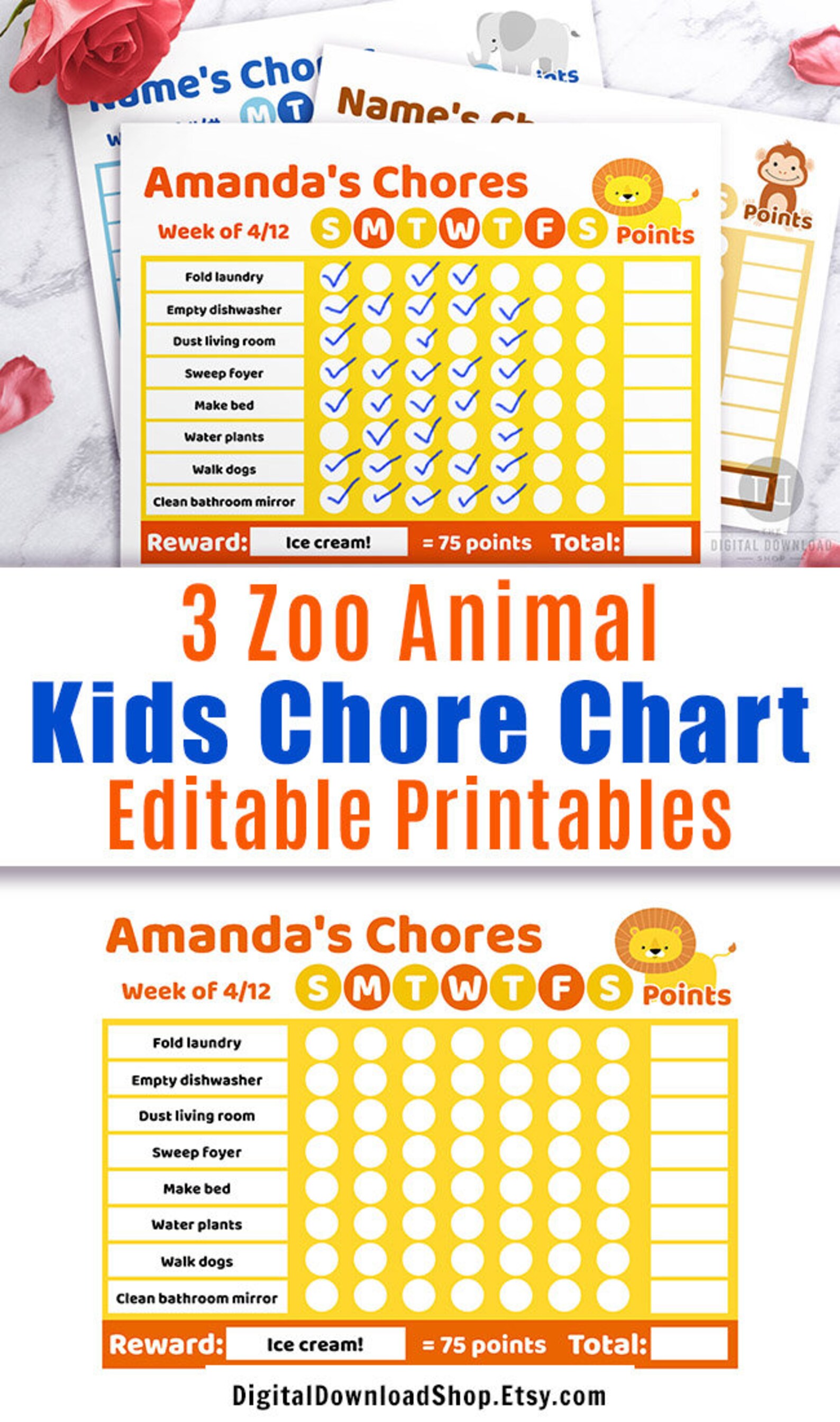 3 Kids Chore Chart Printables Zoo Animals Good Behavior - Etsy