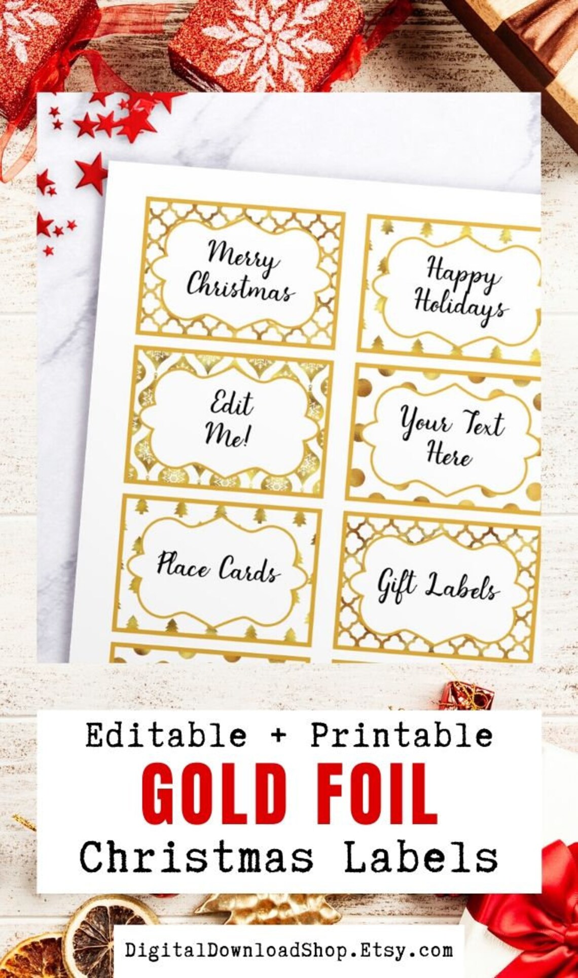 Gold Christmas Labels Template Editable, Printable Christmas Gift ...
