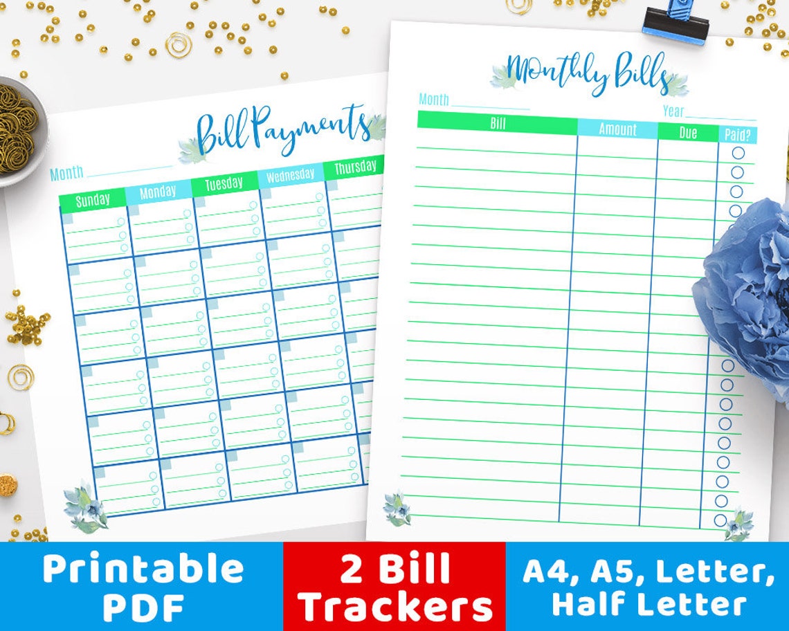 2 Bill Tracker Printables- Floral, Bill Payment Trackers, Bill Payment ...