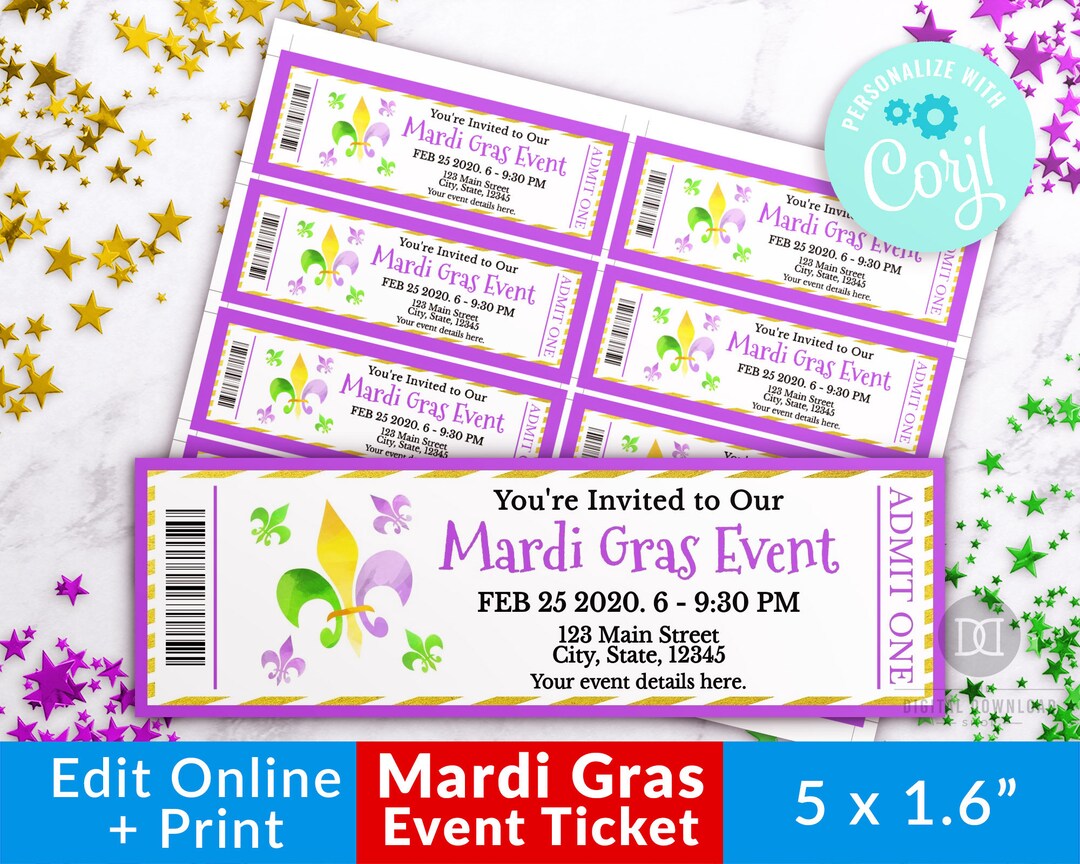 Mardi Gras Event Ticket Editable Template, Printable Fleur De Lis Party ...