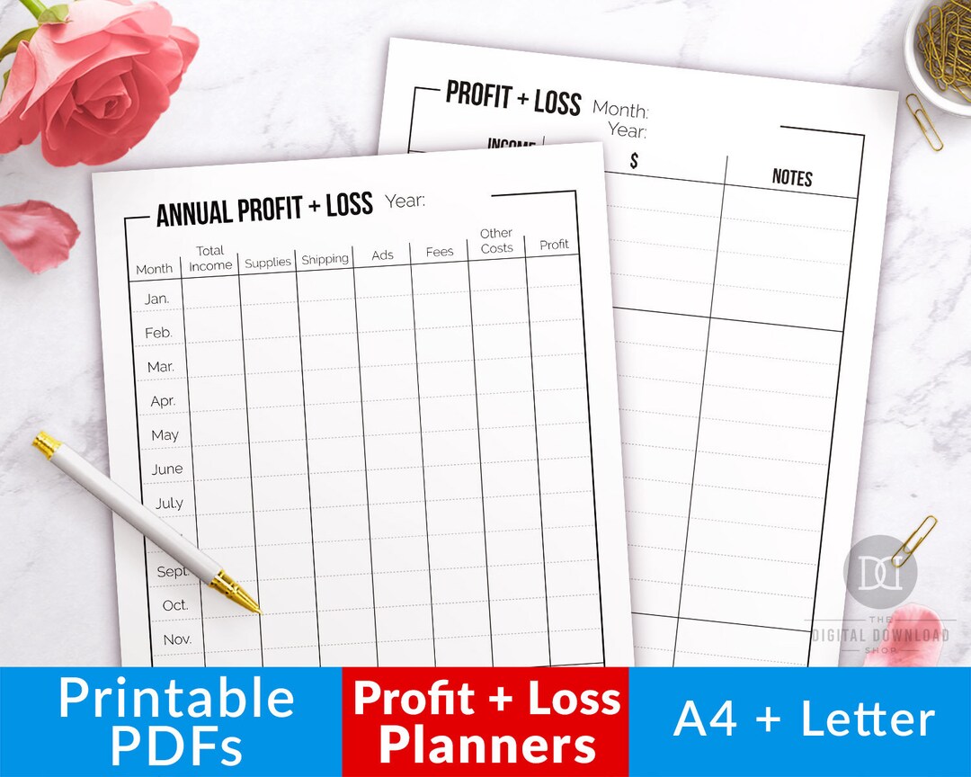 Profit and Loss Statement Printable- Yearly + Monthly, Business Income ...