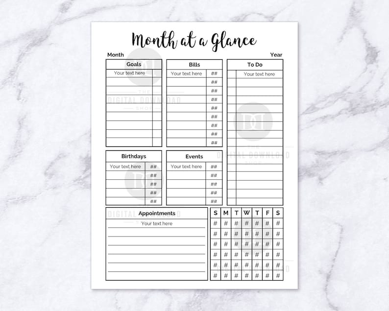 Editable Month at a Glance Printable Editable Day at a - Etsy