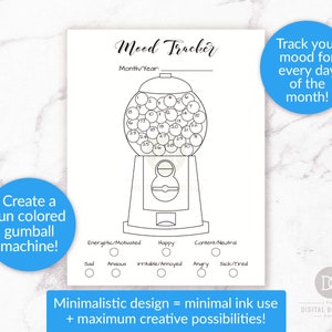 Mood Tracker Printable- Gumball Machine, Bujo Journal Printable, Monthly Mood Chart, Anxiety ...