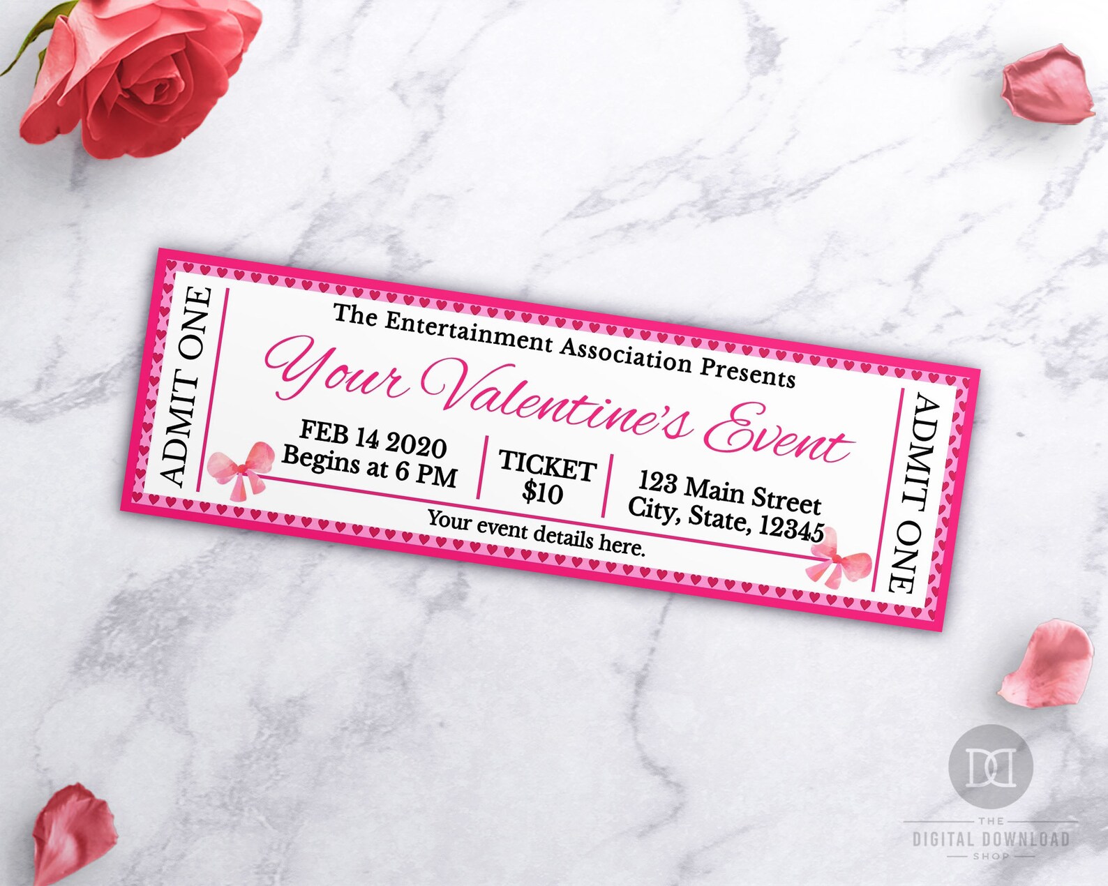 Valentine's Day Event Ticket Editable Template Bows | Etsy