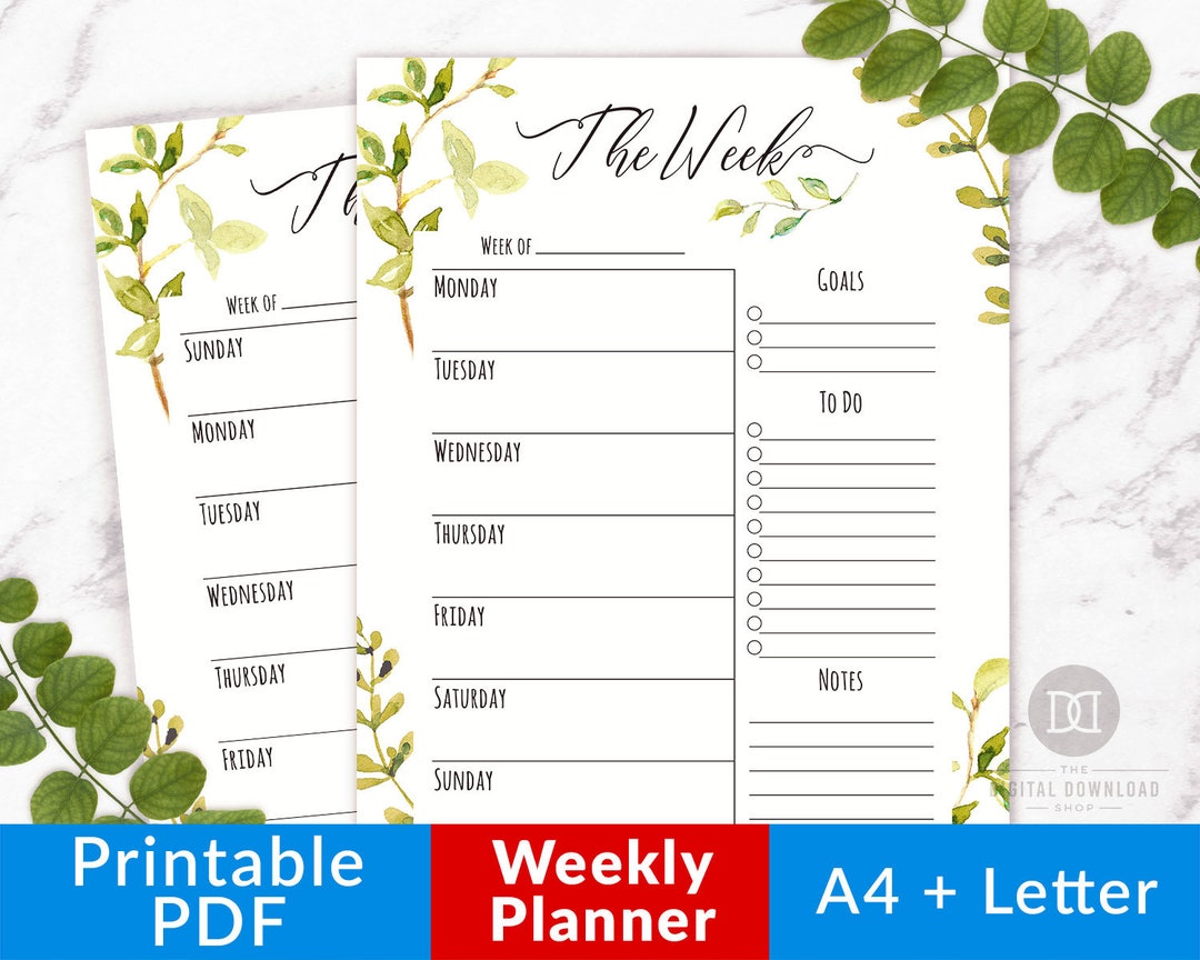 Weekly Planner Printable- Watercolor Greenery, Weekly Schedule, Weekly ...