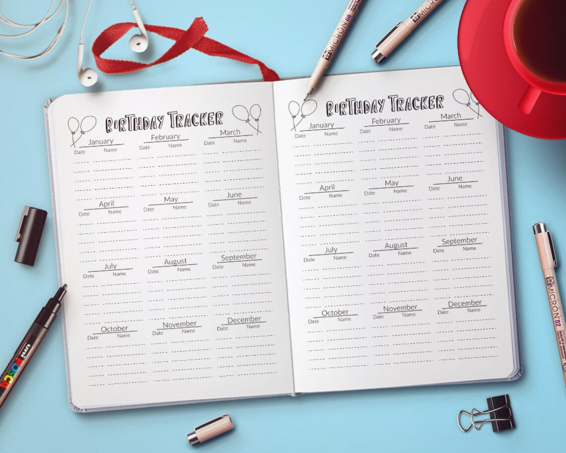 Bujo Journal Birthday Tracker Printable, Bujo Birthday Log Insert ...