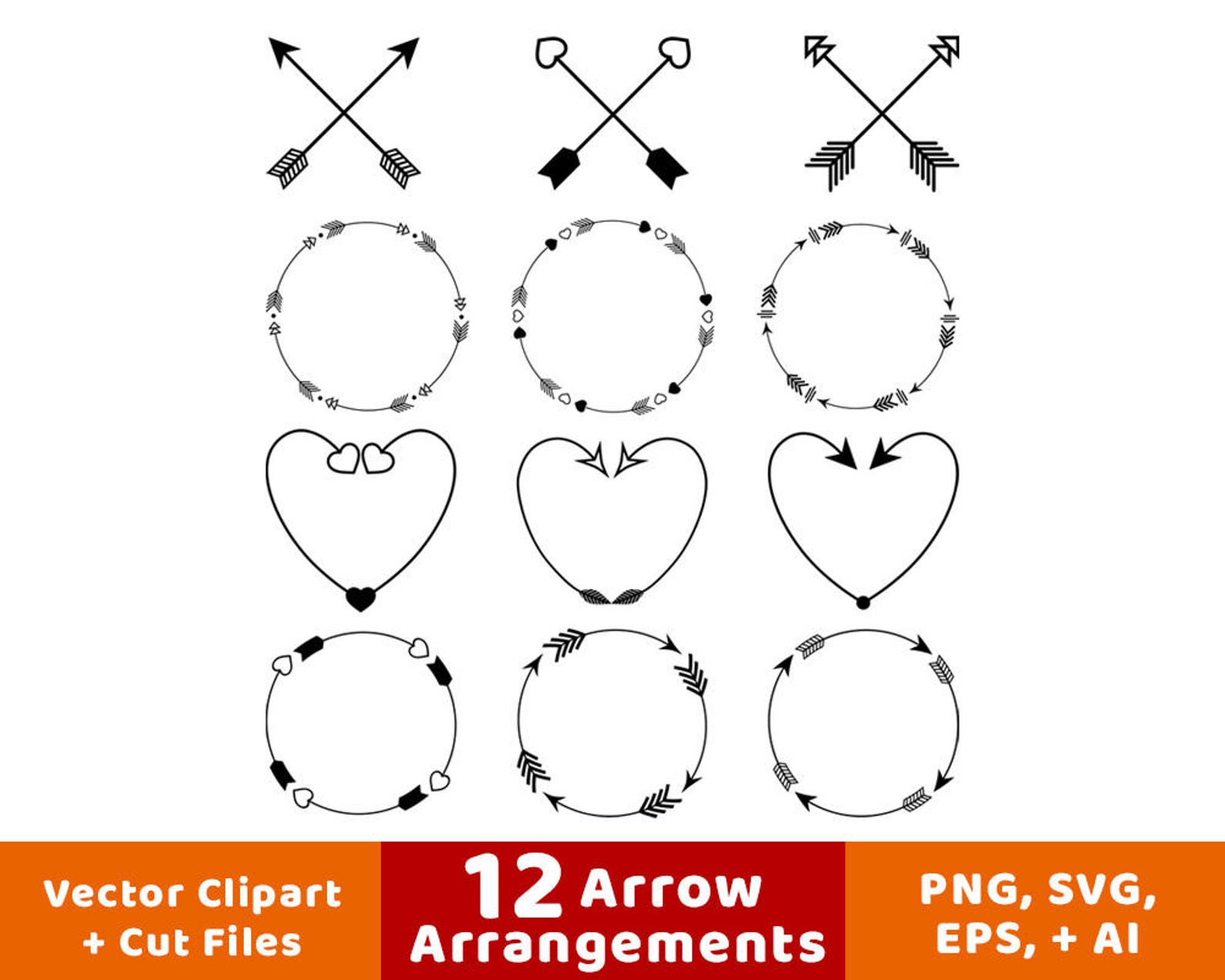 12 Arrows Clipart, Arrow Wreath Clipart, Rustic Arrow Clipart, Crossed ...