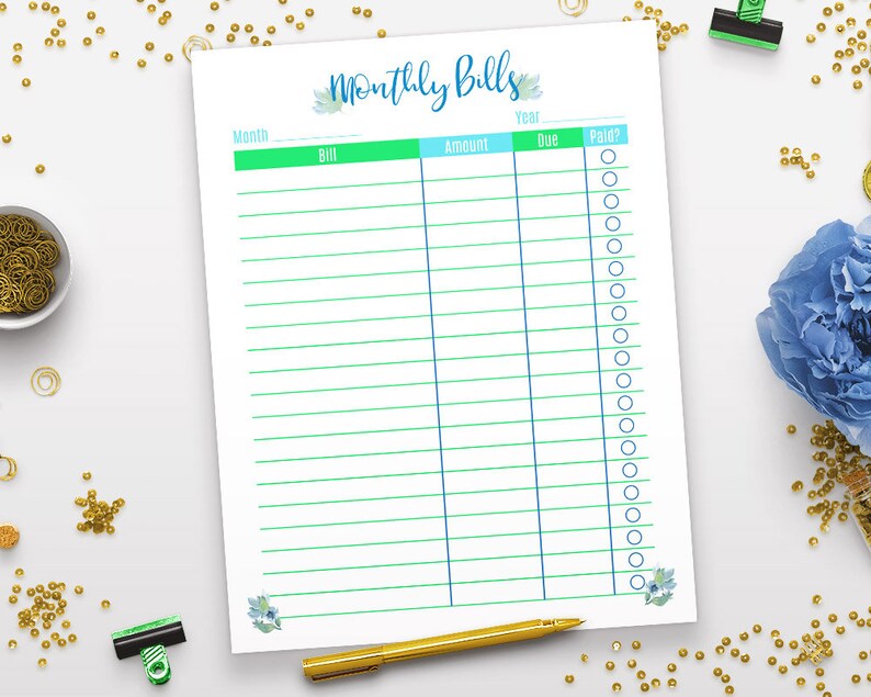 2 Bill Tracker Printables- Floral, Bill Payment Trackers, Bill Payment ...