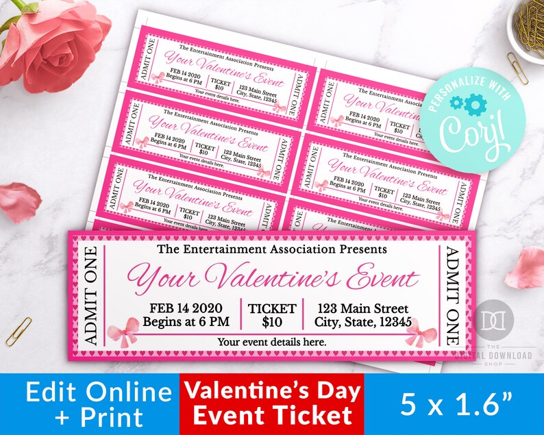 Valentine's Day Event Ticket Editable Template Bows | Etsy