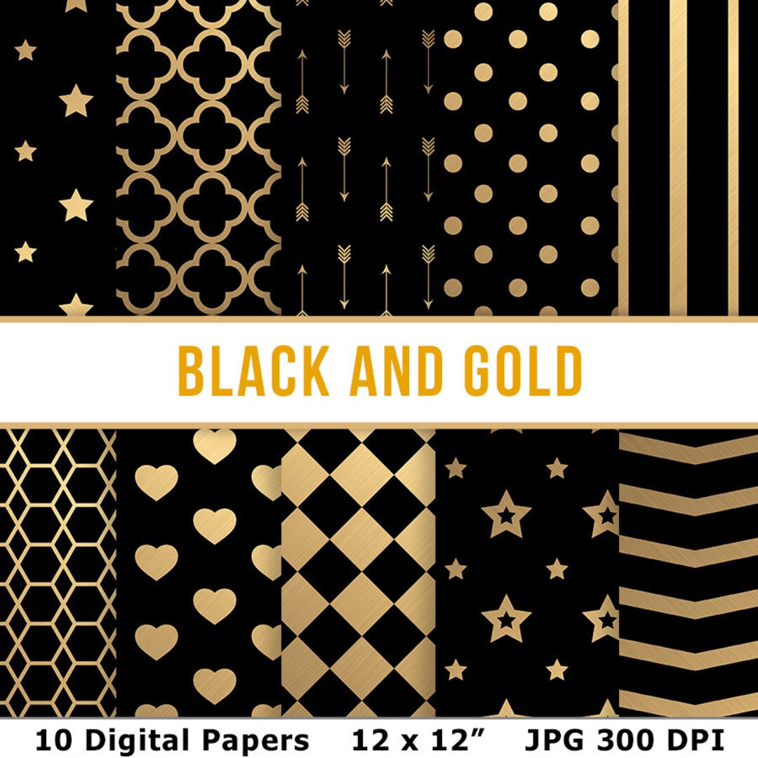 Black and Gold Digital Papers, Gold Foil Pattern, Art Deco Digital ...