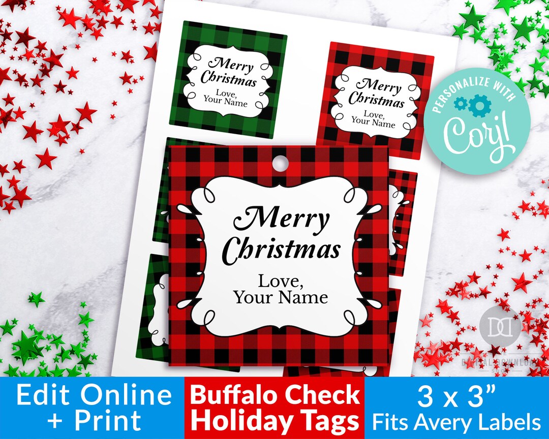 Buffalo Check Editable Christmas Tags Square, Red Buffalo Plaid ...