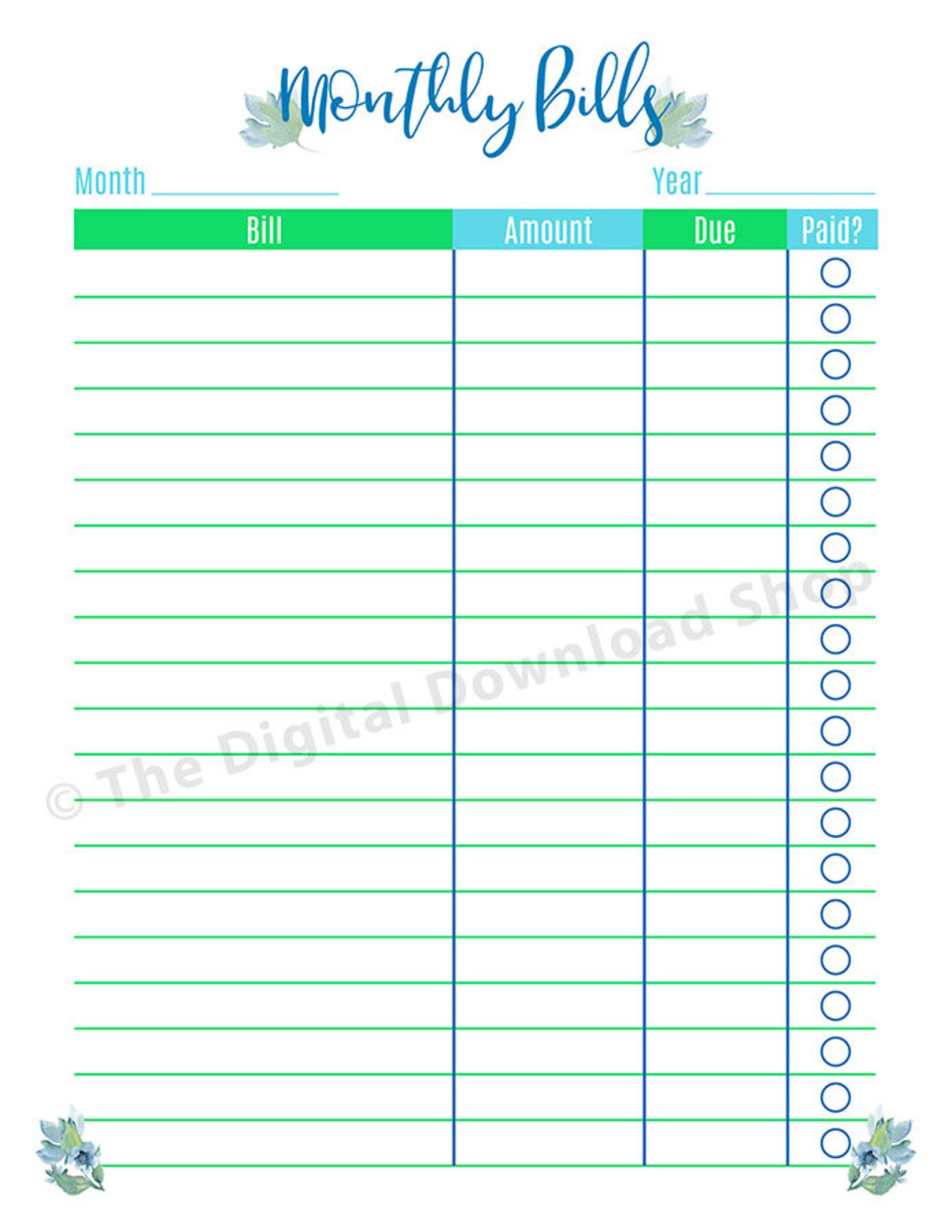 Monthly Bill Tracker Printable- Floral, Bill Payment Tracker, Bill ...