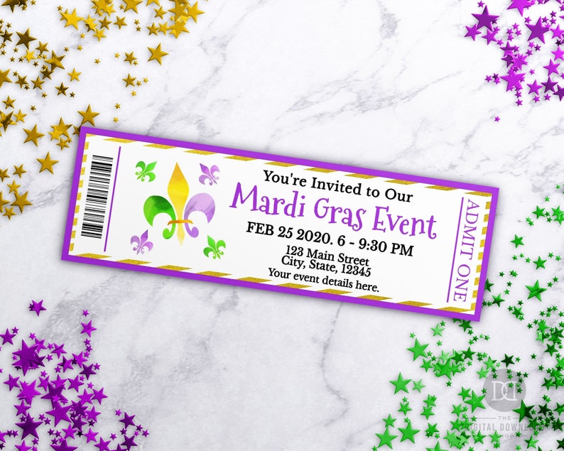 Mardi Gras Event Ticket Editable Template Printable Fleur De | Etsy