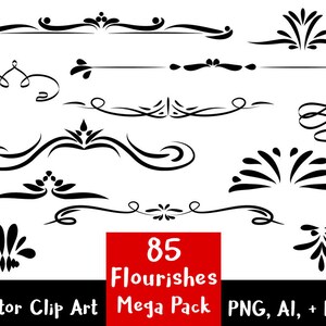 Flourish Clipart- 85 Flourishes Mega Pack, Digital Dividers, Wedding ...