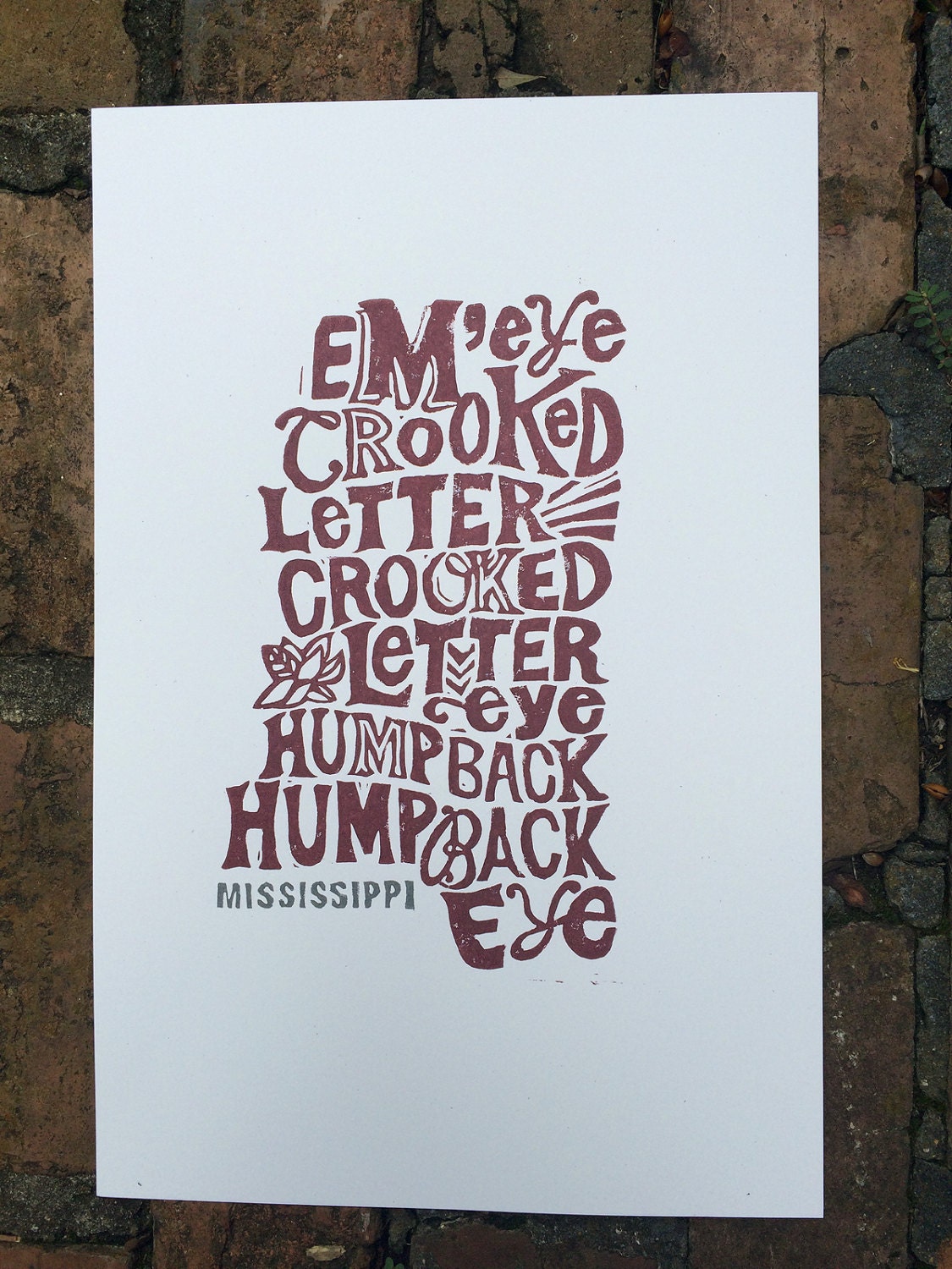 Mississippi State Crooked Letter Block Print hand | Etsy