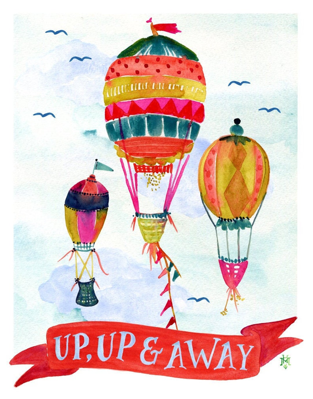 Up and Away -- Hot Air Balloons -- Clouds -- Watercolor Print With Hand ...