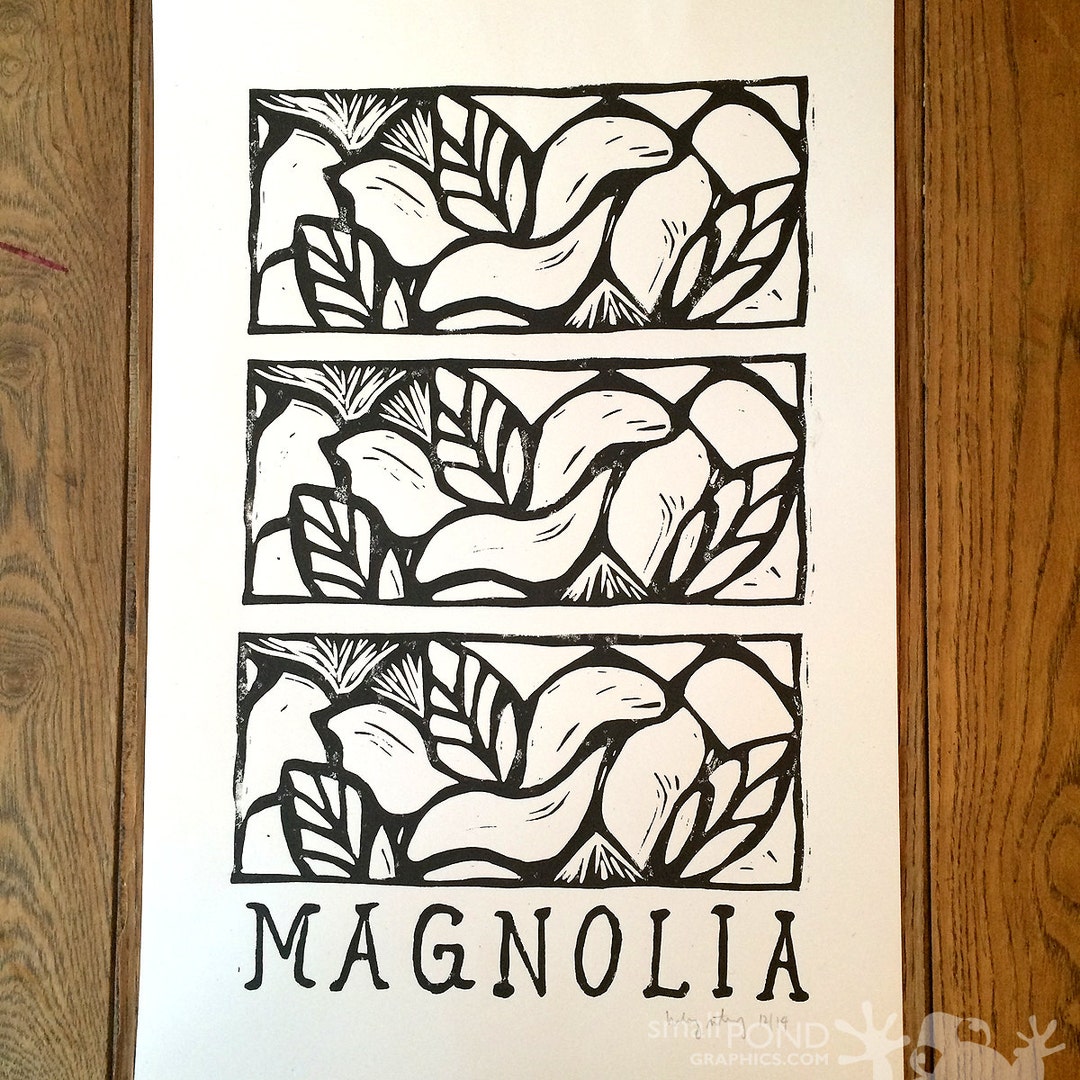 Linocut Flower, Magnolia Block Print Poster, Botanical Art, Modern ...