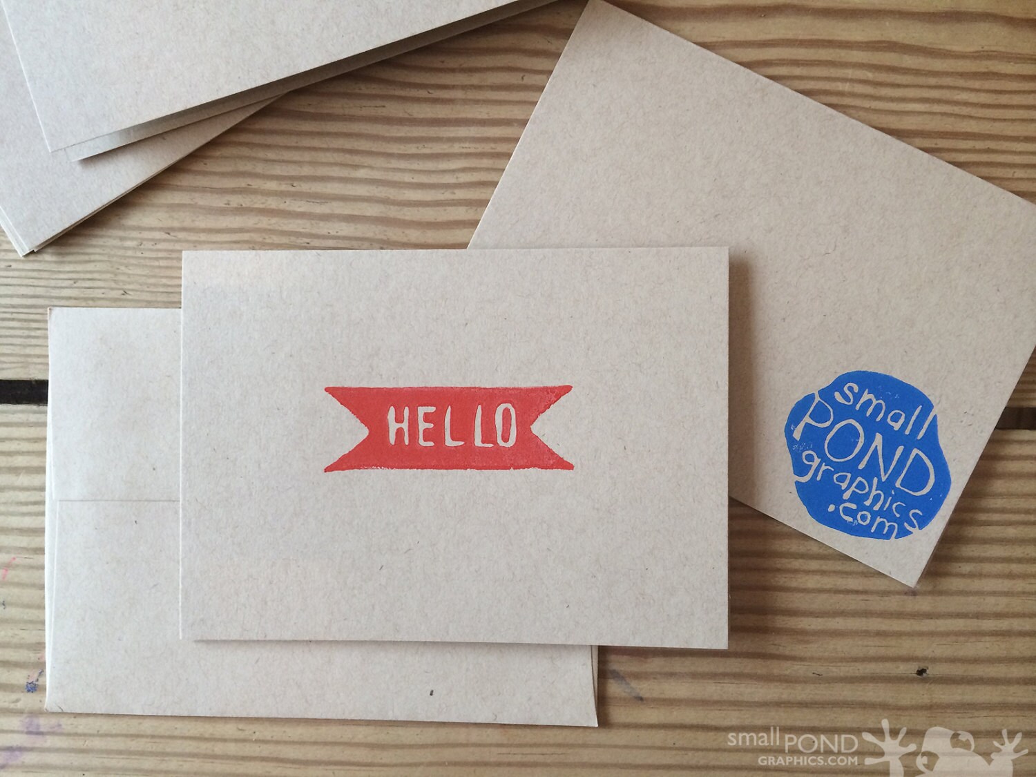 Hello Banner Block Print Notecard in Red and Kraft - Etsy
