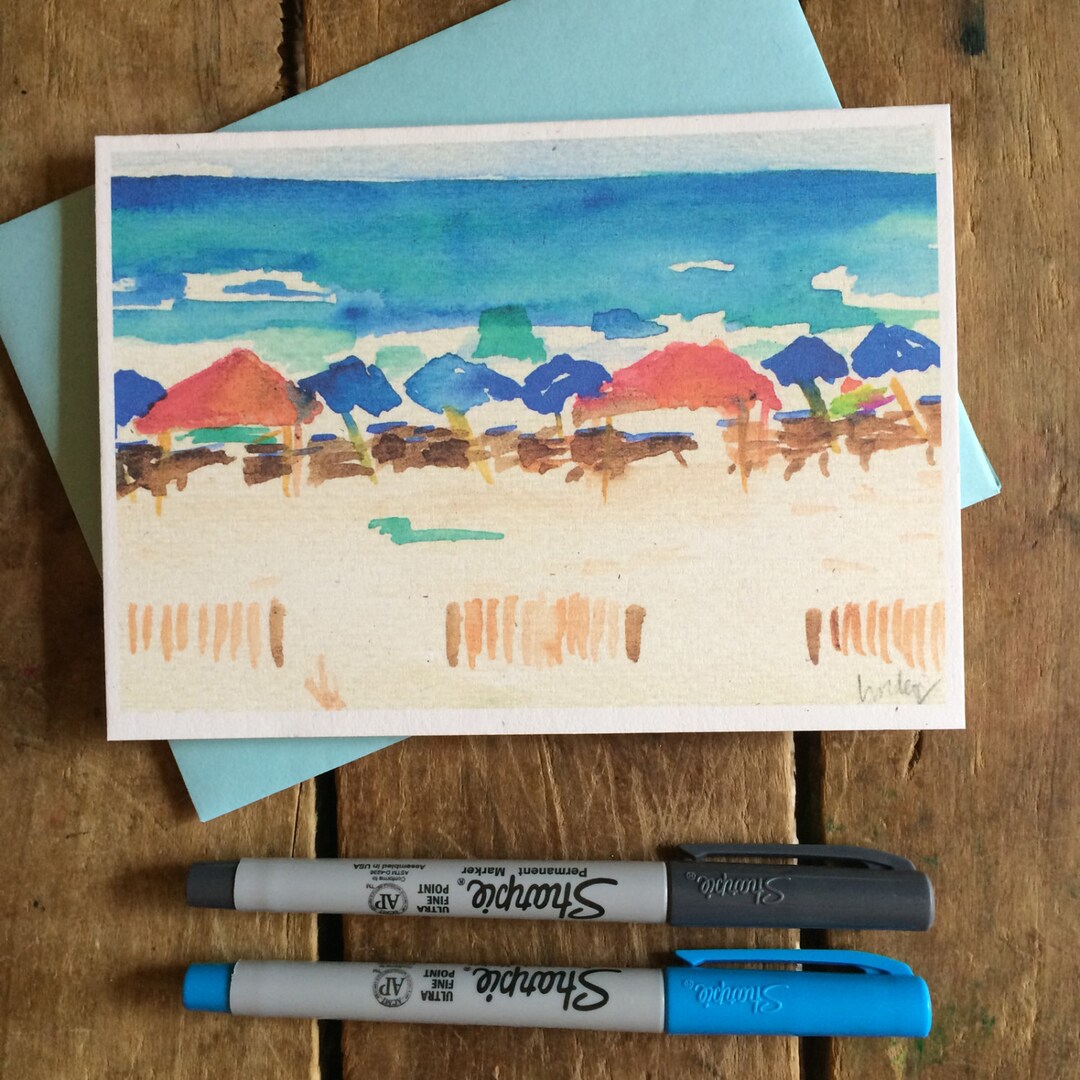 Beach Watercolor Notecard Stationery Beach Umbrellas Gulf - Etsy