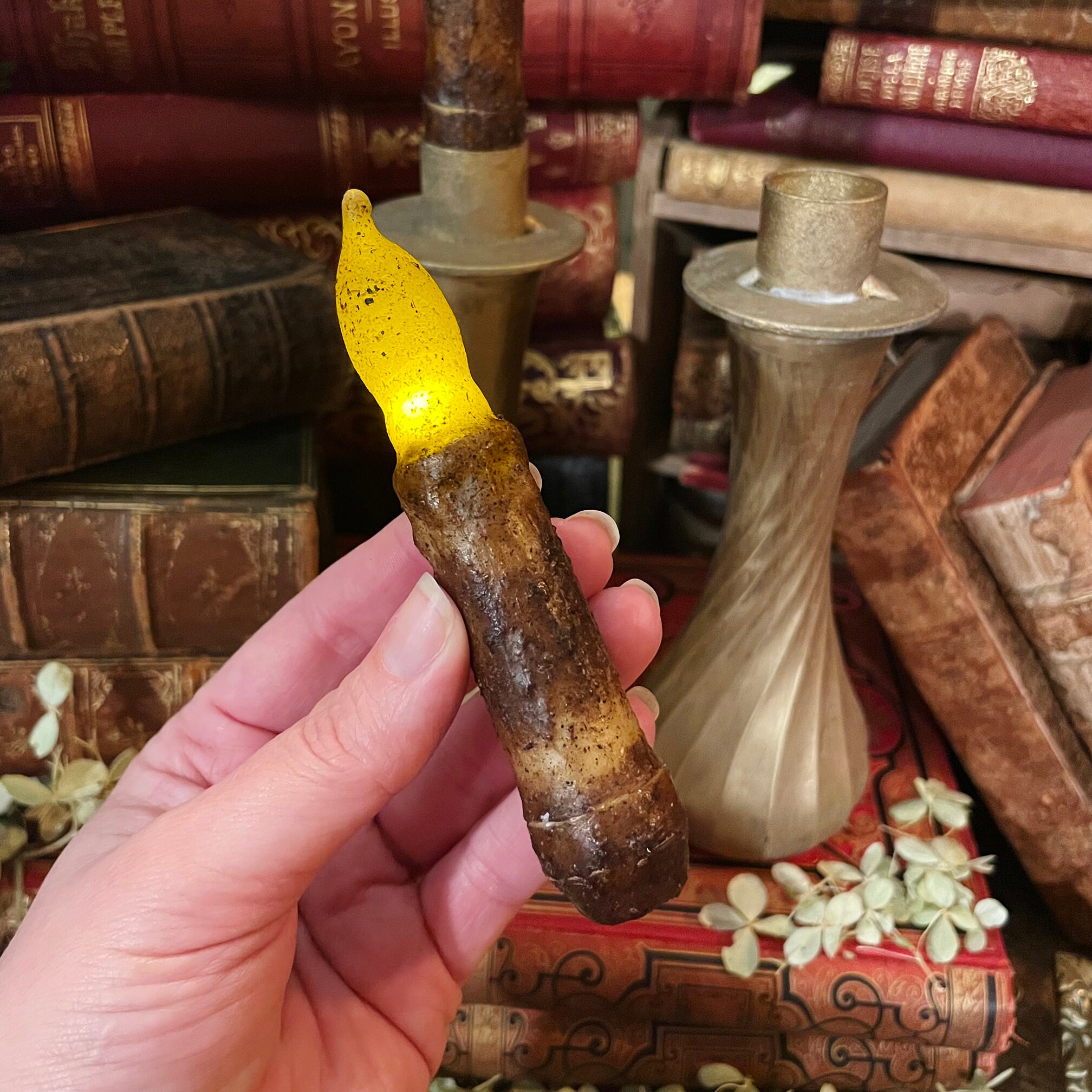 Dark Academia Gold Candlestick With Flickering Wax Candle, Battery ...