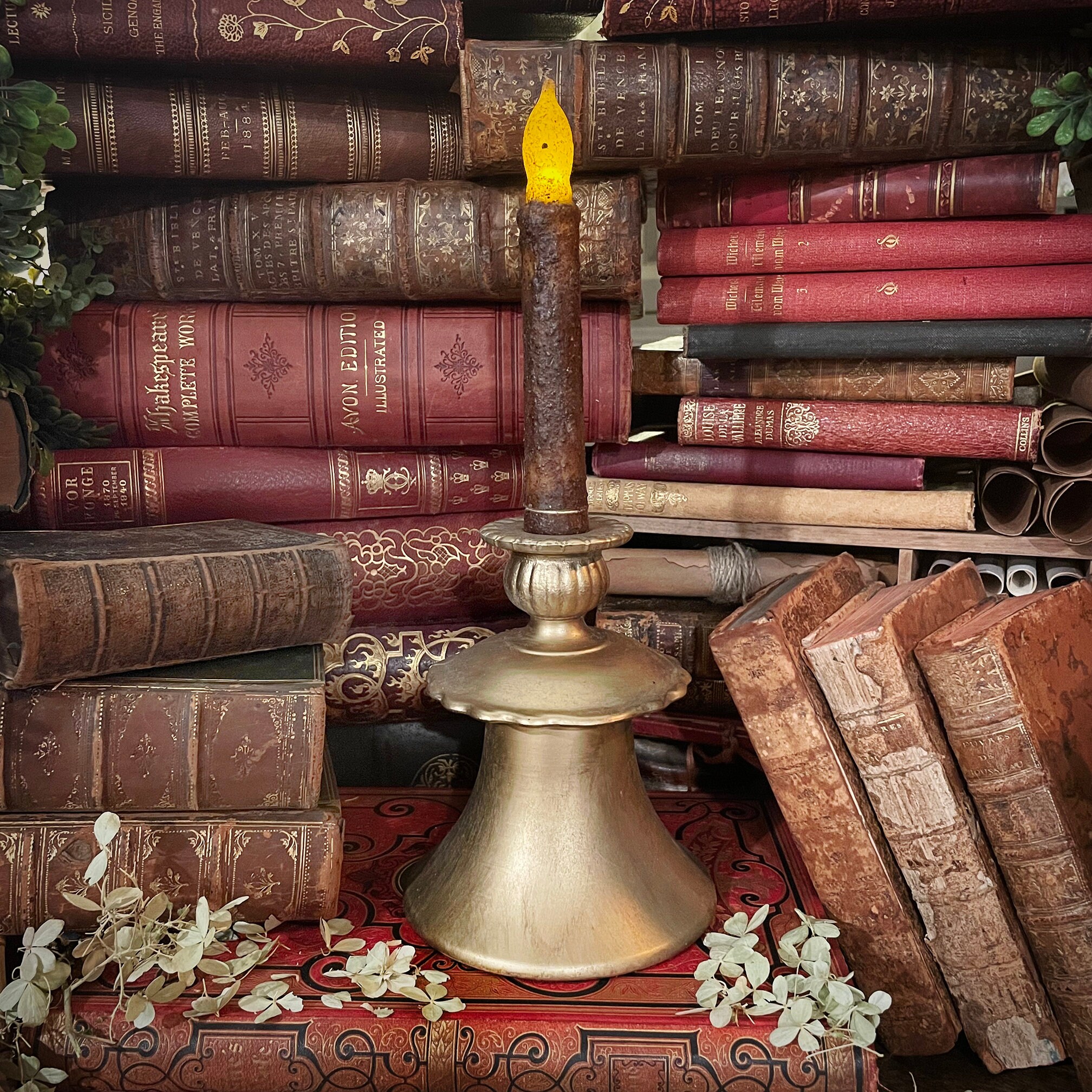 Dark Academia Gold Candlestick With Flickering Wax Candle, Battery ...