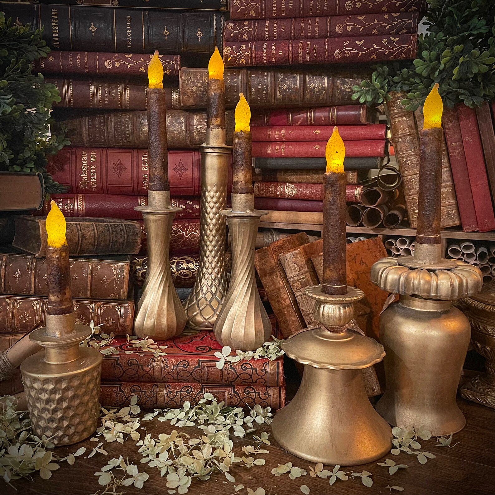 Dark Academia Gold Candlestick With Flickering Wax Candle, Battery ...